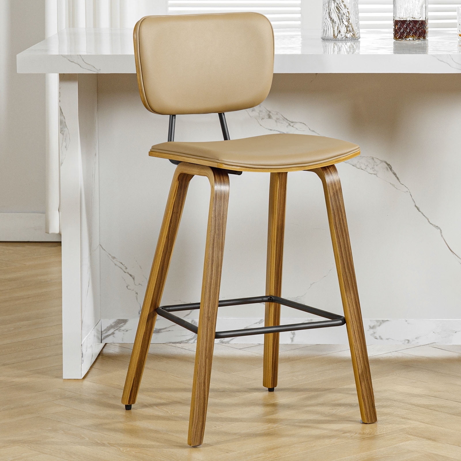 WOOW DEPOT PU Bar Stools Set of 1, 26" Seat Height w/ Mid Back Bent ...