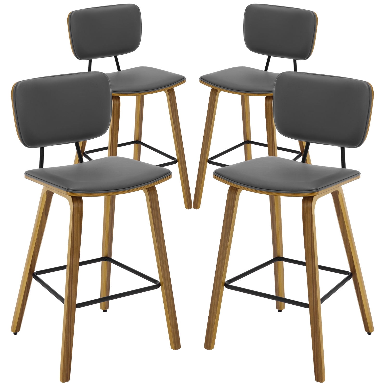 WOOW DEPOT PU Bar Stools Set of 4, 26" Seat Height w/ Mid Back Bent ...