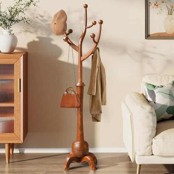 WOOW Wooden Coat Rack Freestanding with 8 Hooks, Heavy Duty Coat Hanger ...
