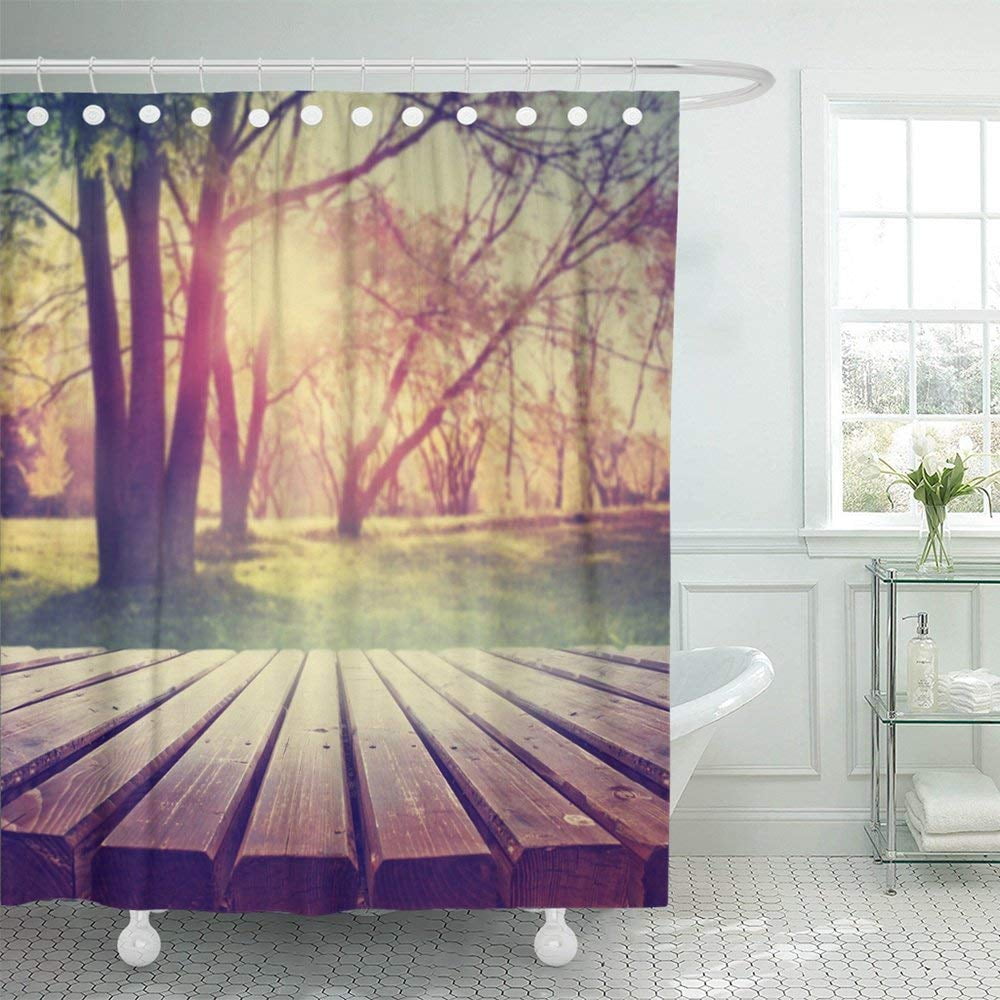 WOPOP Blue Autumn Empty Wooden Deck Table with Park Scenery Ready for ...