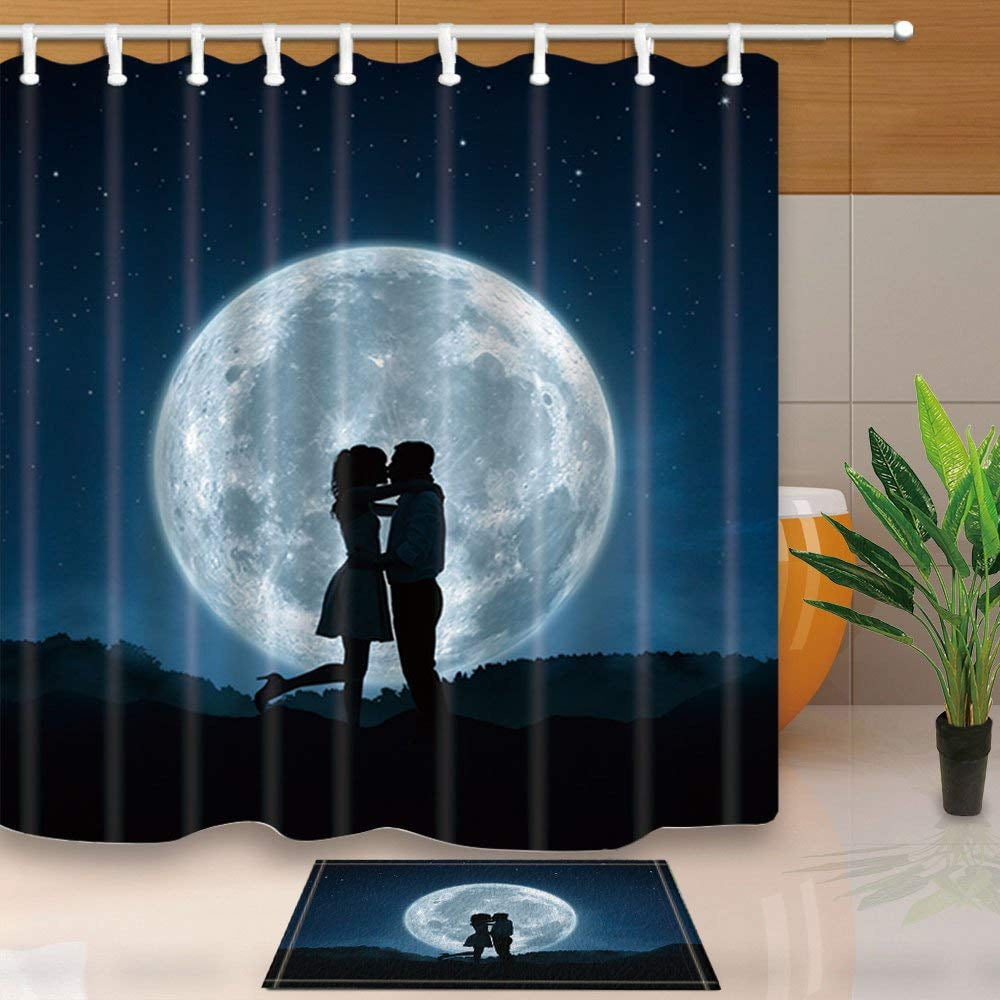 WOPOP Silhouette of Loving Couple Kissing Agains the Full Moon Shower ...