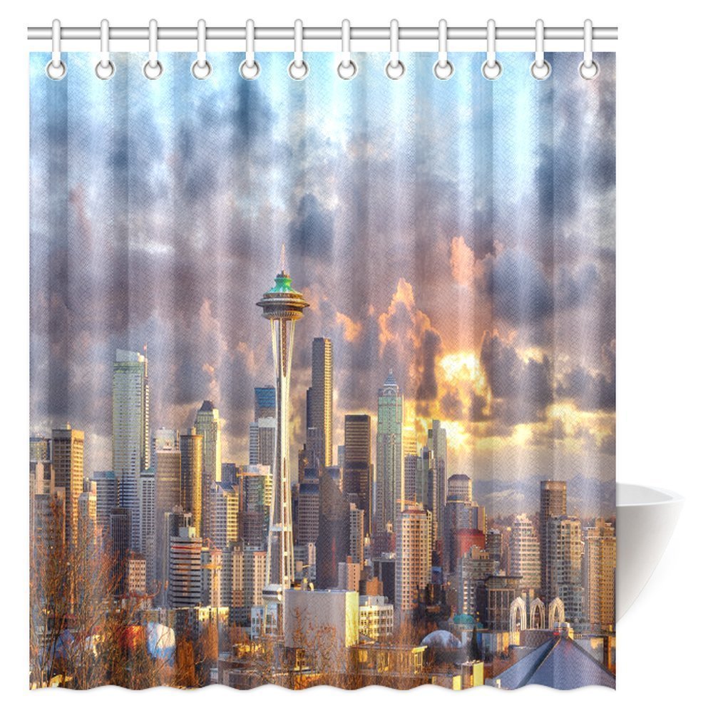 WOPOP Wanderlust Decor Shower Curtain, Seattle Skyline at Sunset WA USA ...