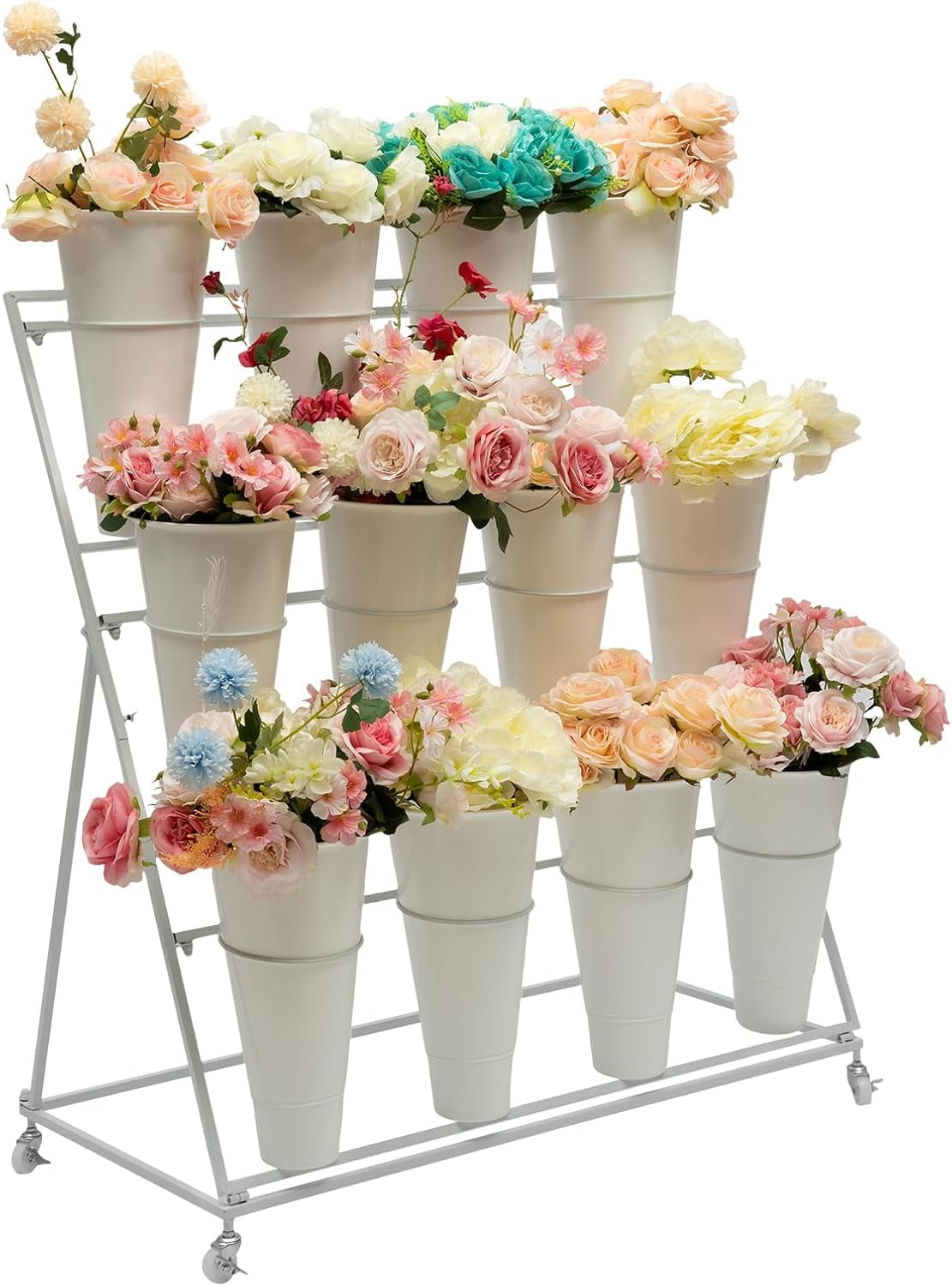 WOQLIBE Flower Display Stand with12 Buckets, 3 Layers Heavy Duty Moving ...