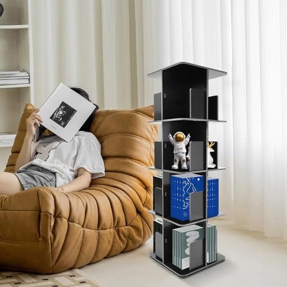 WOQLIBE Rotating Bookshelf, 4 Tier Tall Compact Bookcase Shelf w/ 4 ...