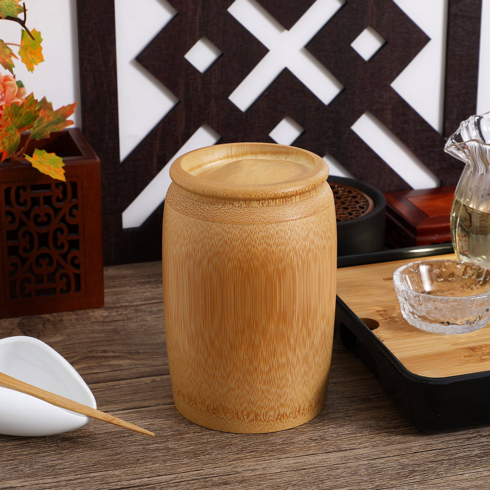 WORGEOUS 1PC Bamboo Material Tea Canister Round Shaped Tea Ball Jar ...