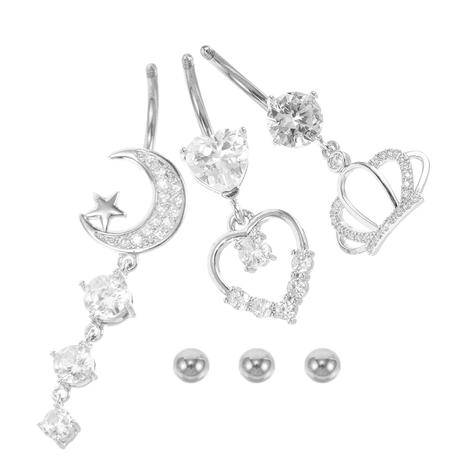 WORGEOUS 3PCS Rhinestone Heart Crown Moon Belly Ring Belly Button Rings Dangling Navel Rings ...