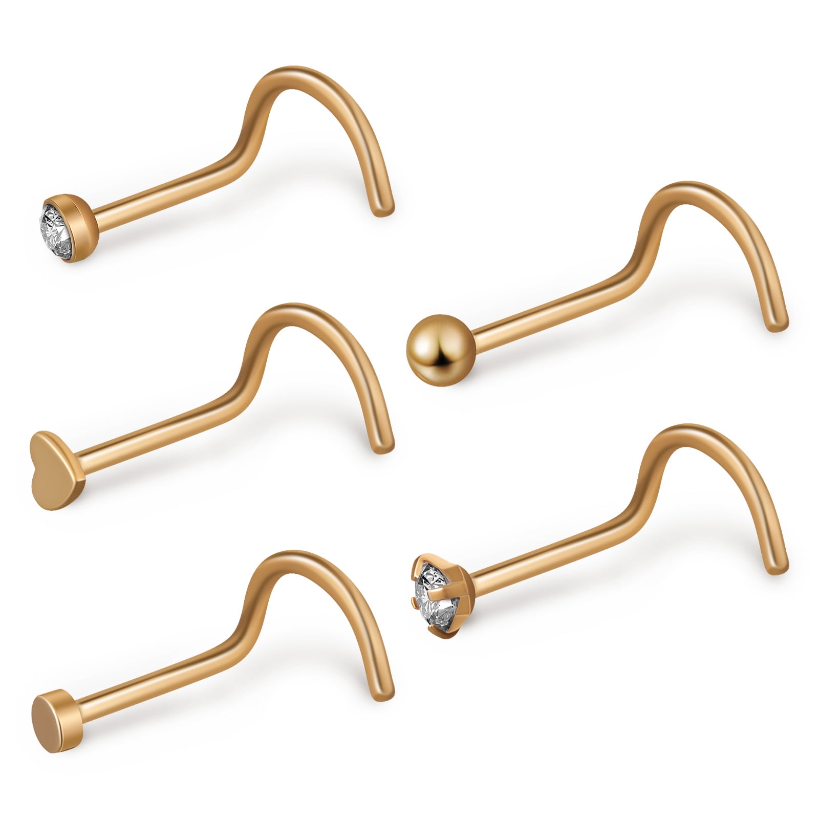 WORGEOUS 5pcs Nose Rings Corkscrew Nose Ring Heart Nose Studs Nose ...