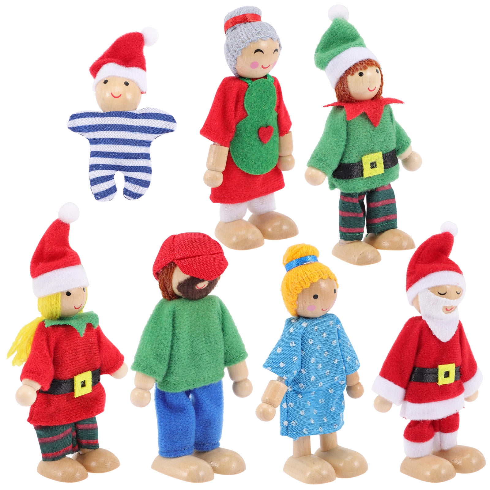 WORGEOUS 7pcs Christmas Wooden Family Dolls Set Doll House Mini People ...