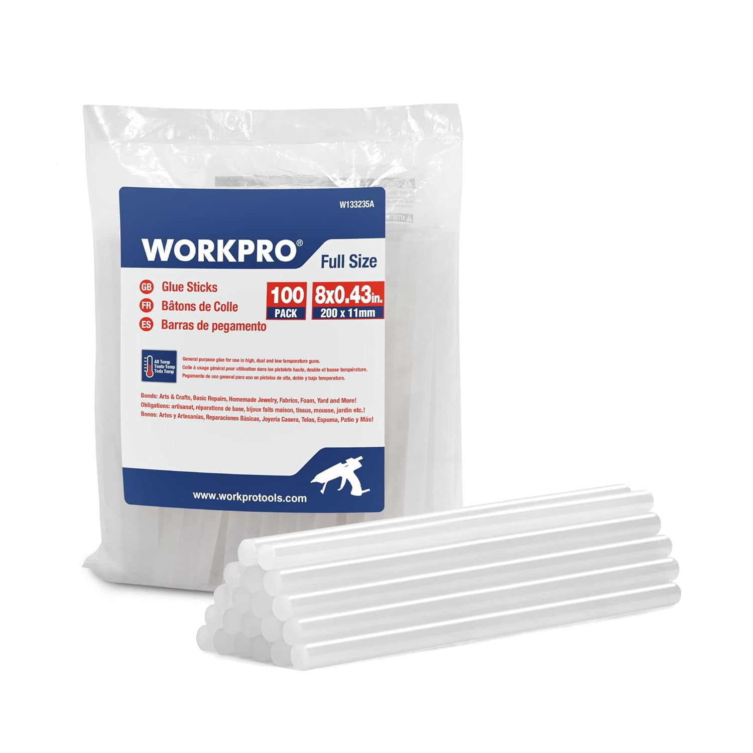 WORK Full Size Hot Glue cks, 100-pack, 0.43x8 Inches, Compatible with ...