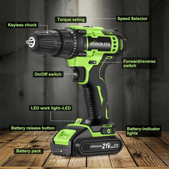 WORKBLESS 21V Power Drill Set, Cordless Drill with 2 Batteries and ...