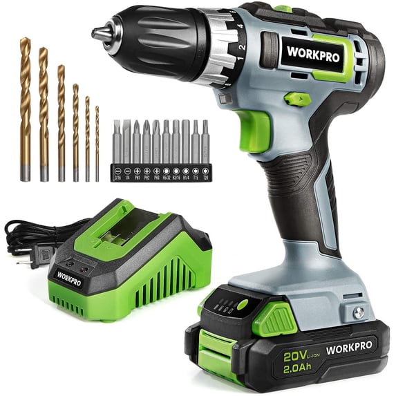 Free Shipping! WORKPRO 20V Cordless Drill Driver Kit, 3/8 inch, 18+2 ...