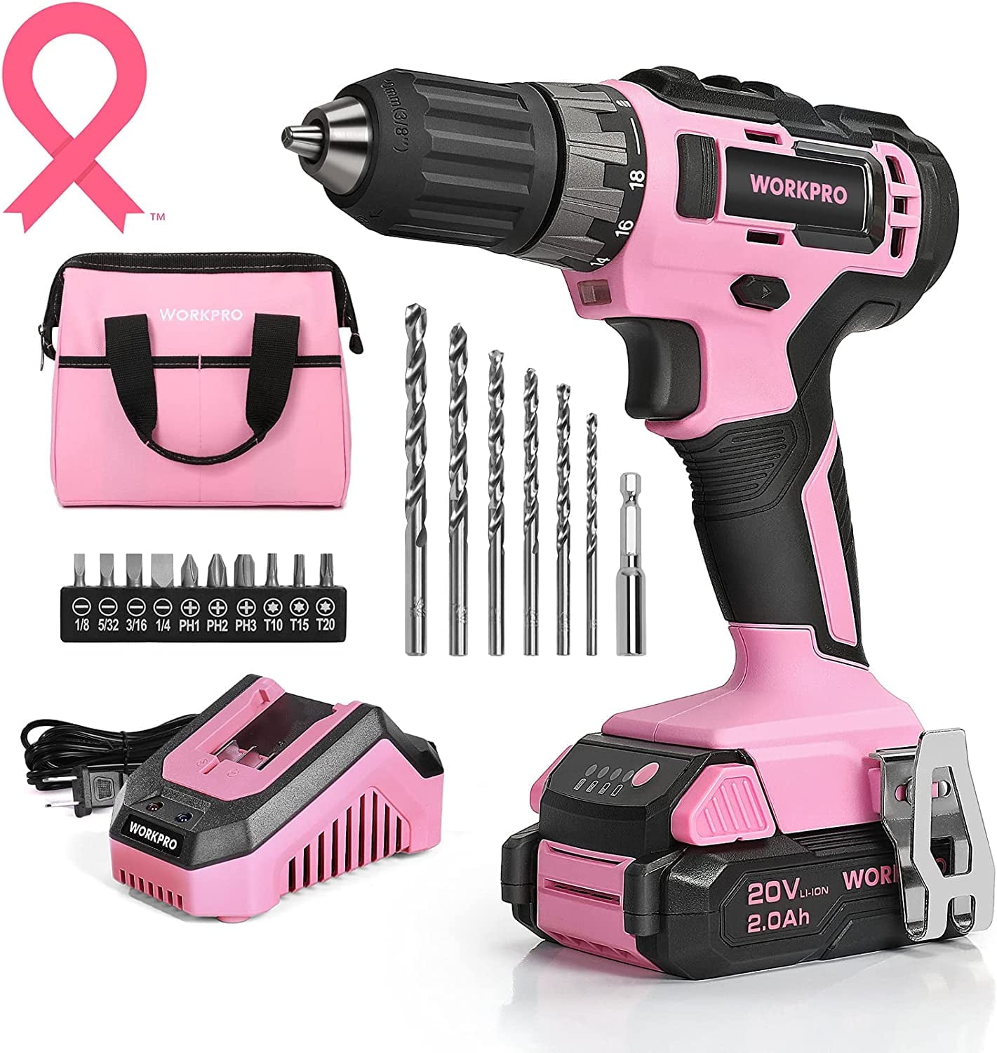 WORKPRO Pink Cordless Drill Driver, 20V, 3/8‚Äù Keyless Chuck, 2.0 Ah ...