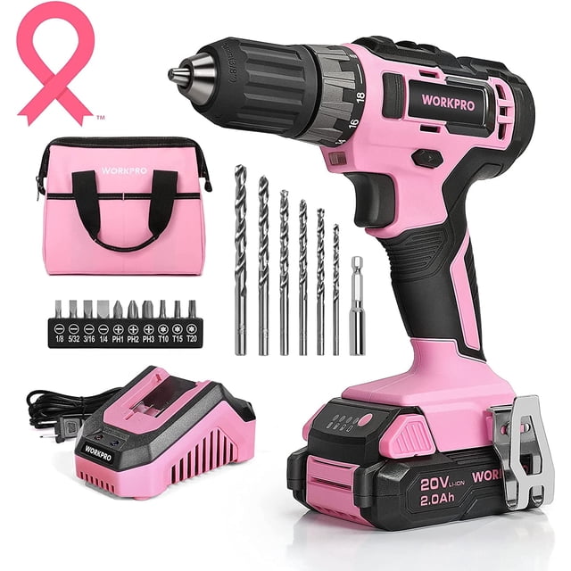 WORKPRO 20V Pink Cordless Drill Set, 2.0 Ah Li-Ion, 3/8” Chuck, 1Hr ...