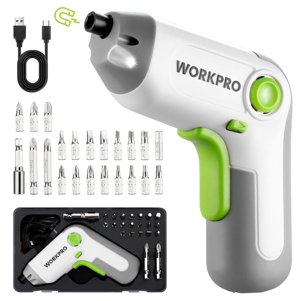 WORKPRO 3.6V White Cordless Screwdriver Set，Cordless & Rechargeable with Driver Bit Set and ...