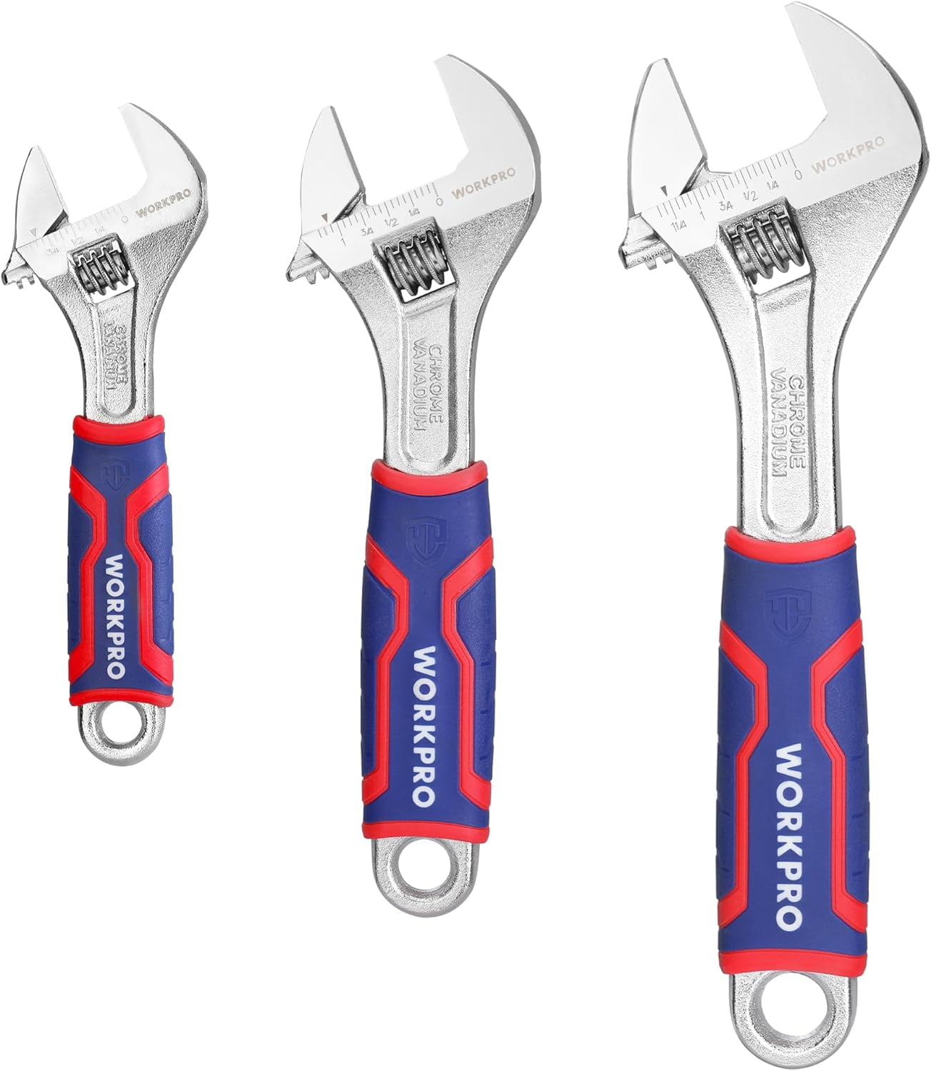 WORKPRO 3-piece Adjustable Wrench Set, Cr-V Wide Jaw Wrench With Rubber ...