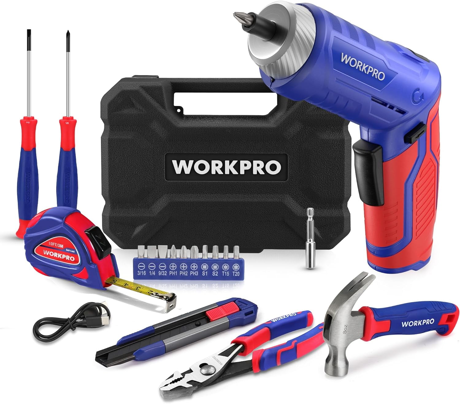WORKPRO Home Tool Kit with 3.7V Rotatable Electric Screwdriver, 18PCS General Household Tool Kit ...