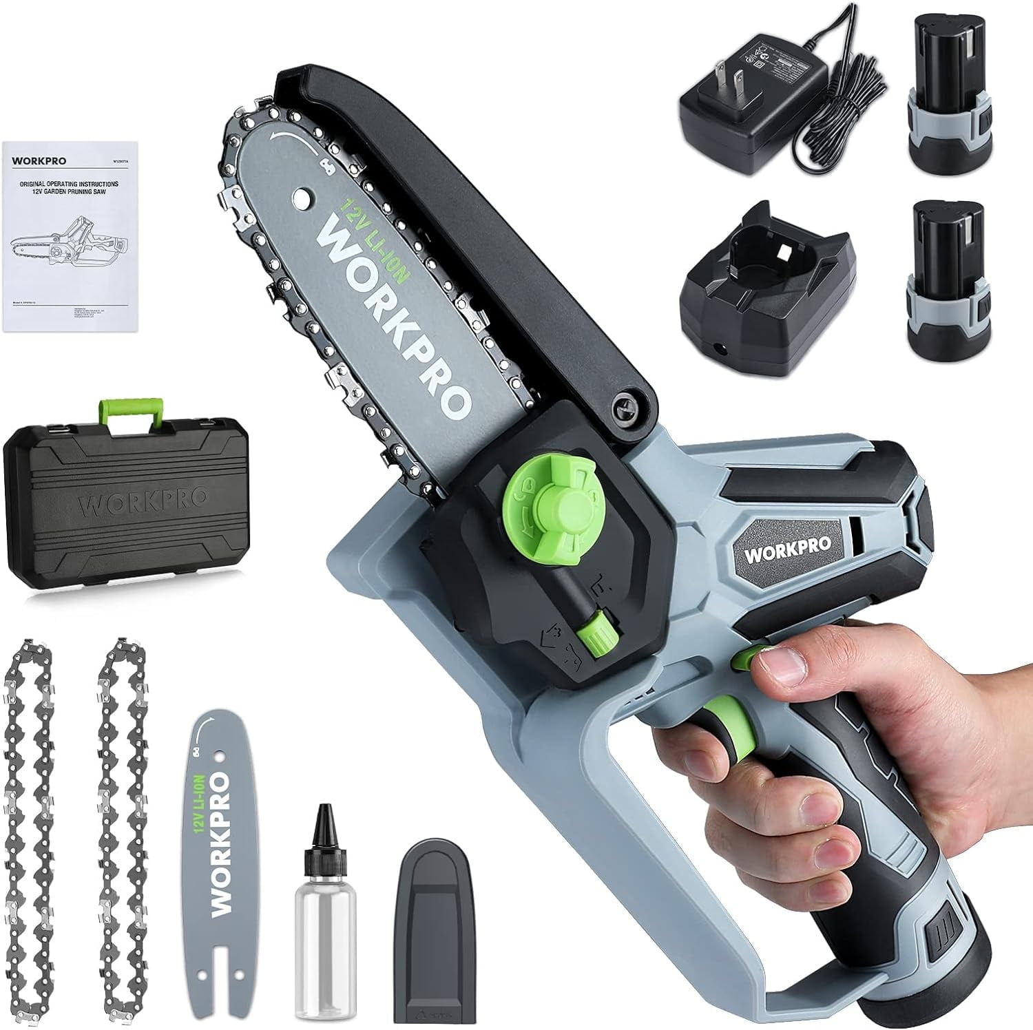 WORKPRO Mini Chainsaw, 6.3“ Cordless Electric Compact Chain Saw with 2 ...