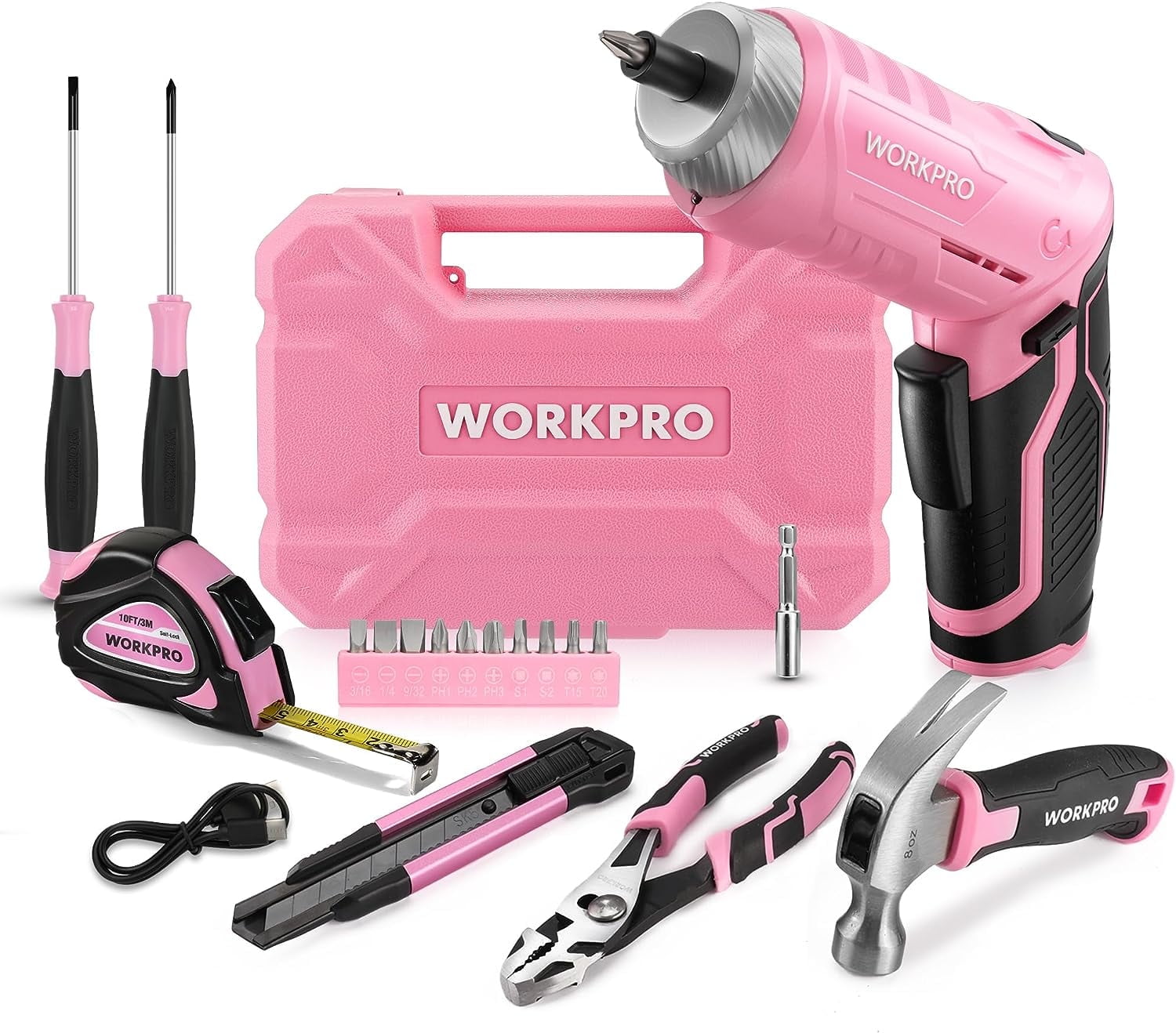 WORKPRO Pink 18-Piece Cordless Electric Screwdriver Tool Set with ...