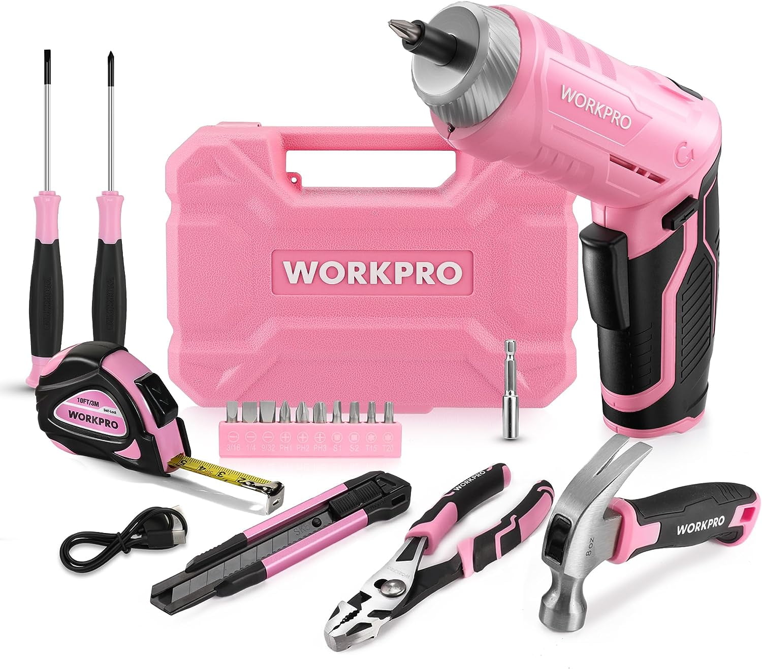 WORKPRO Pink Tool Set with 3.7V Rotatable Electric Screwdriver,18PCS ...