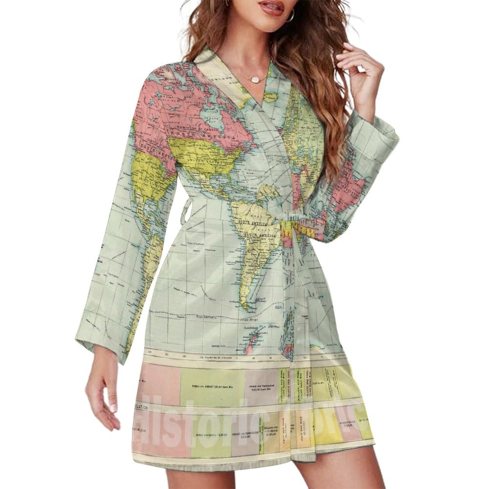 WORLD MAP Print Night Robe Long Sleeve V Neck Robe With Belt Women's ...