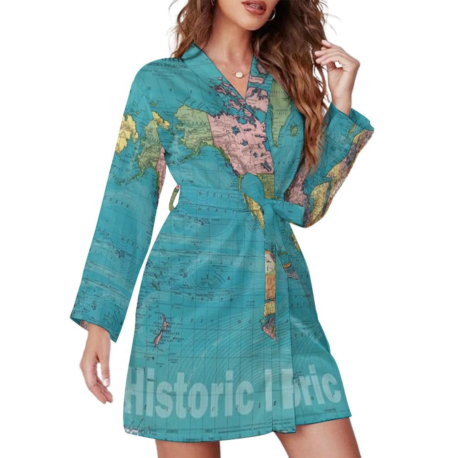 WORLD MAP Print, World Chart Night Robe Long Sleeve V Neck Robe With ...