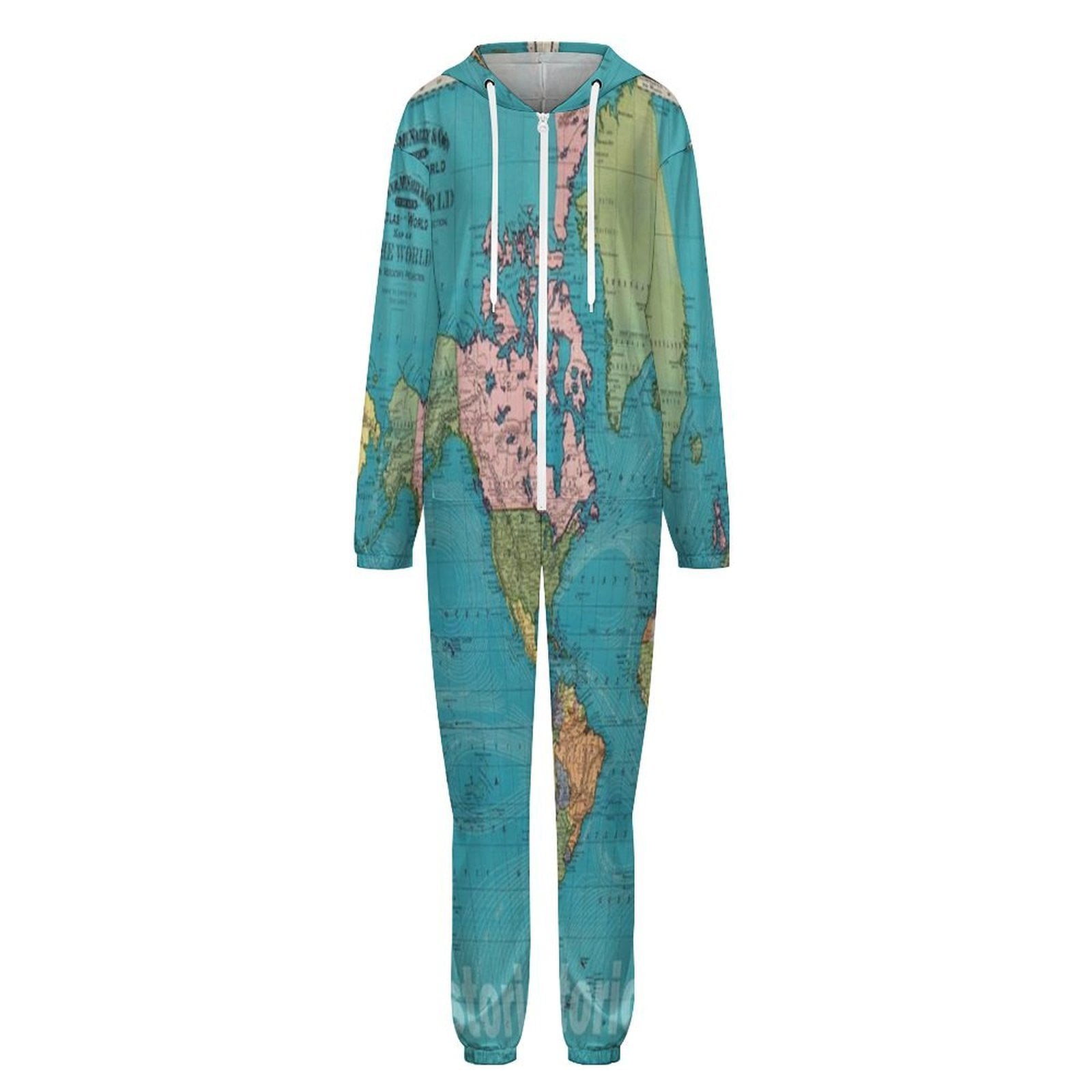 WORLD MAP Print, World Chart Unisex Adult Onesie Pajamas with Pockets ...