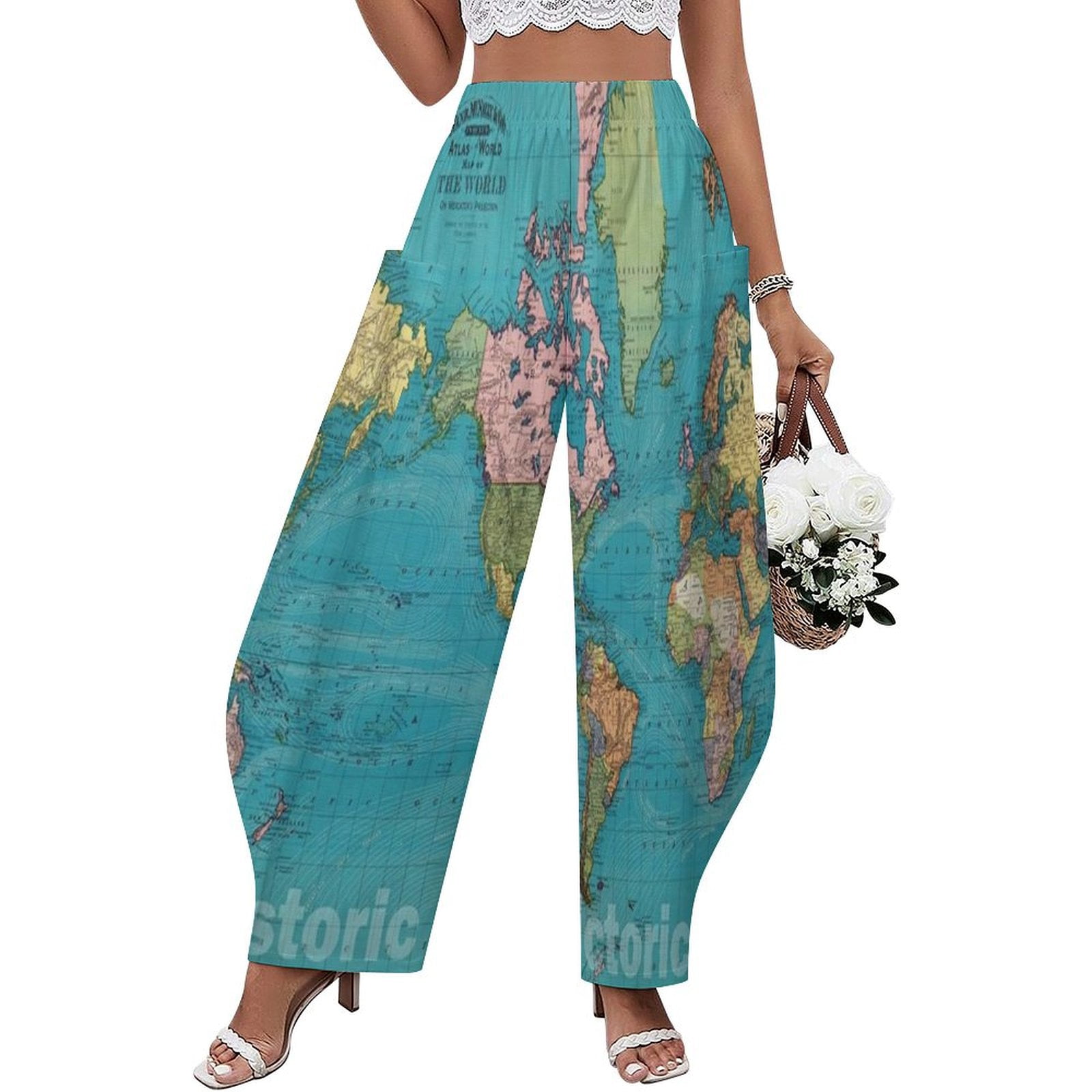 WORLD MAP Print, World Chart Womens Casual Baggy with Pockets Trousers ...