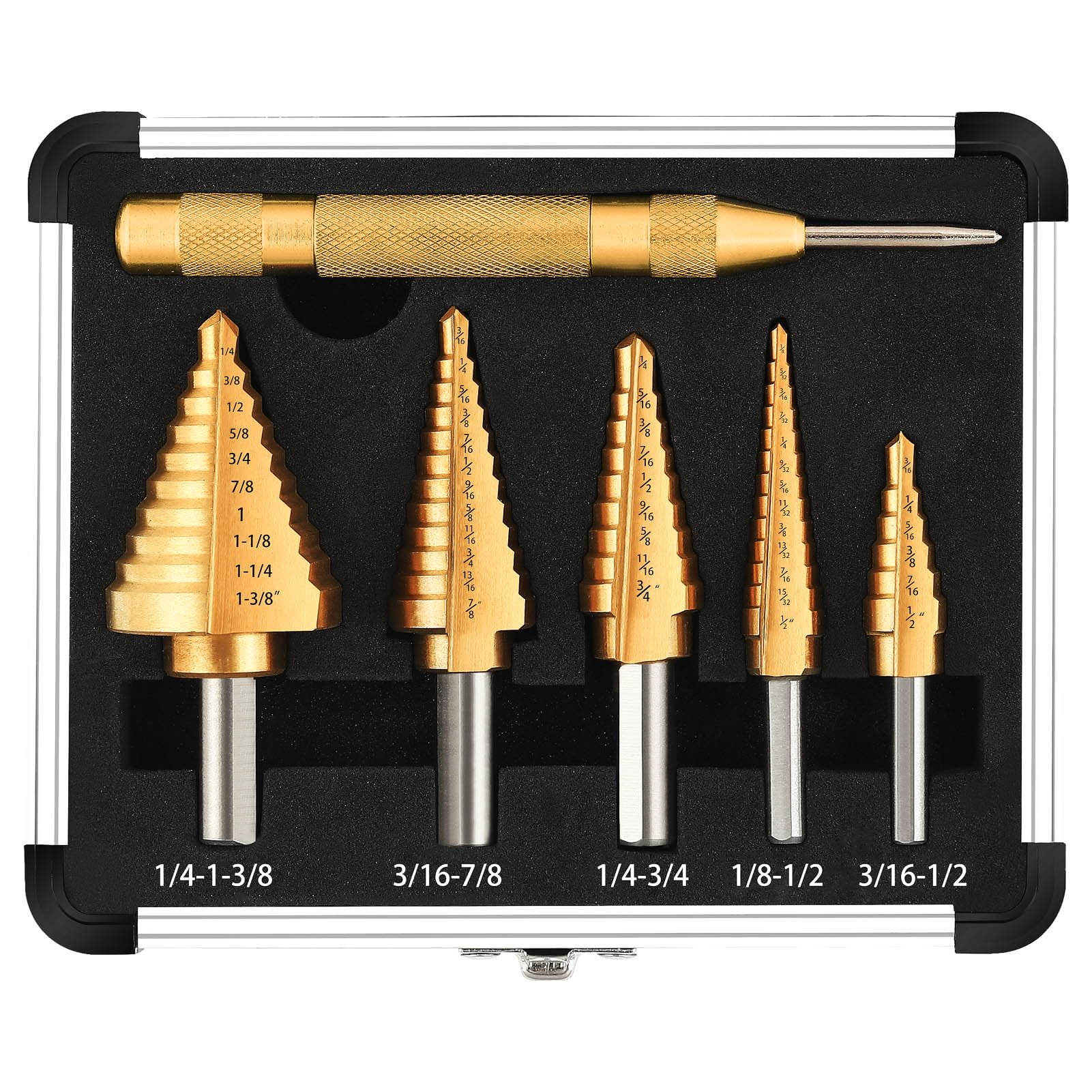 WORTURE 5PCS Step Drill Bit Set with Automatic Center Punch, HSS ...