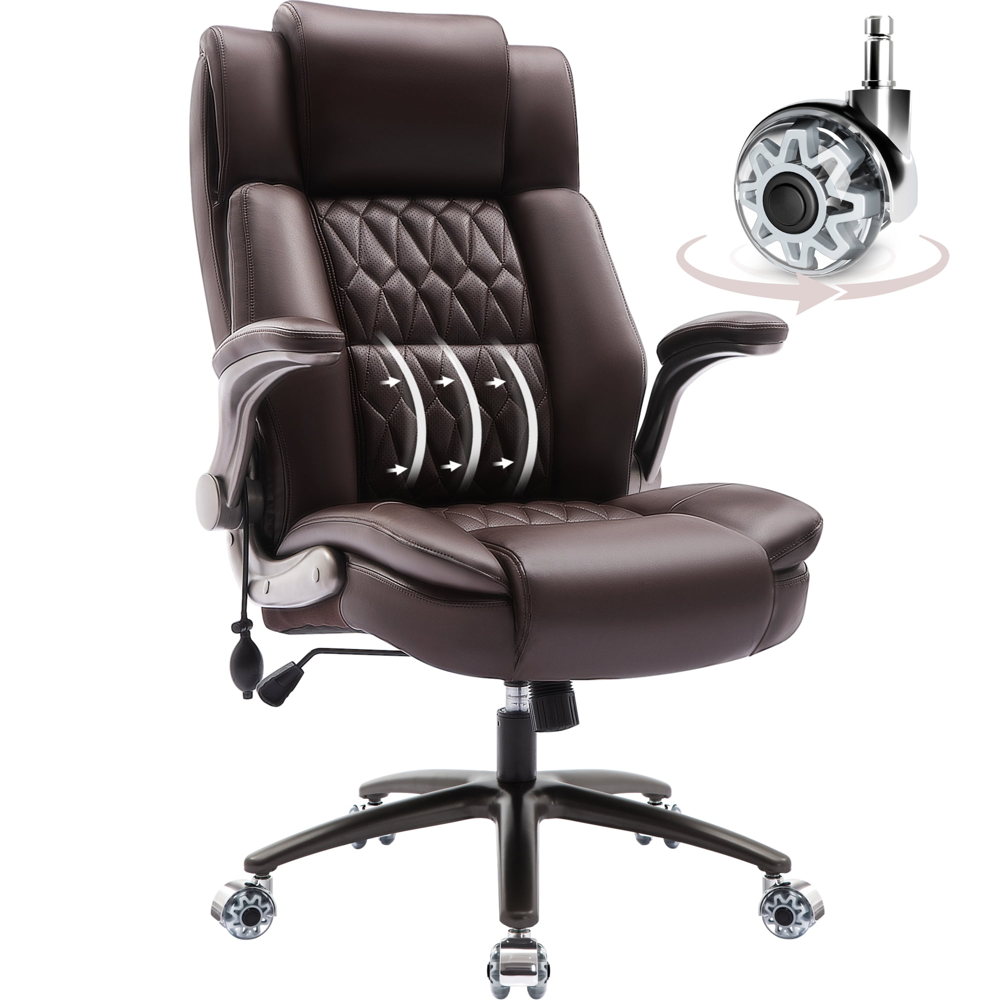 WOSDOM High Back Office Chair, Brown Leather, Flip-Up Armrests ...