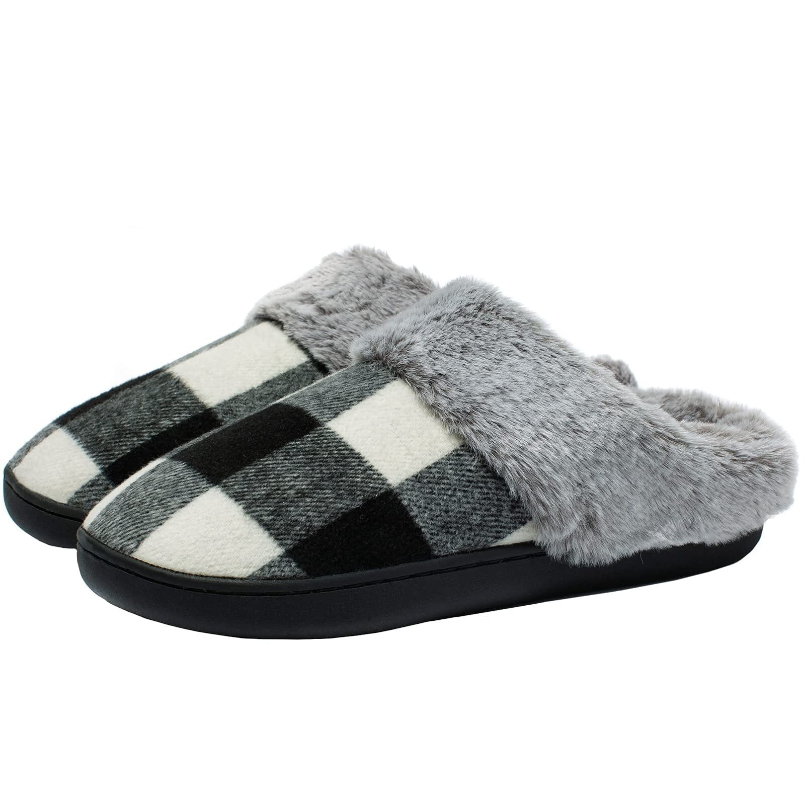 WOTTE Womens Cozy Fuzzy Plaid House Slippers with Memory Foam & Rubber ...