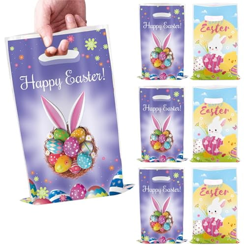 WOVTE 100 Pcs Easter Treat Bags, Plastic Easter Gift Bags with Handles ...