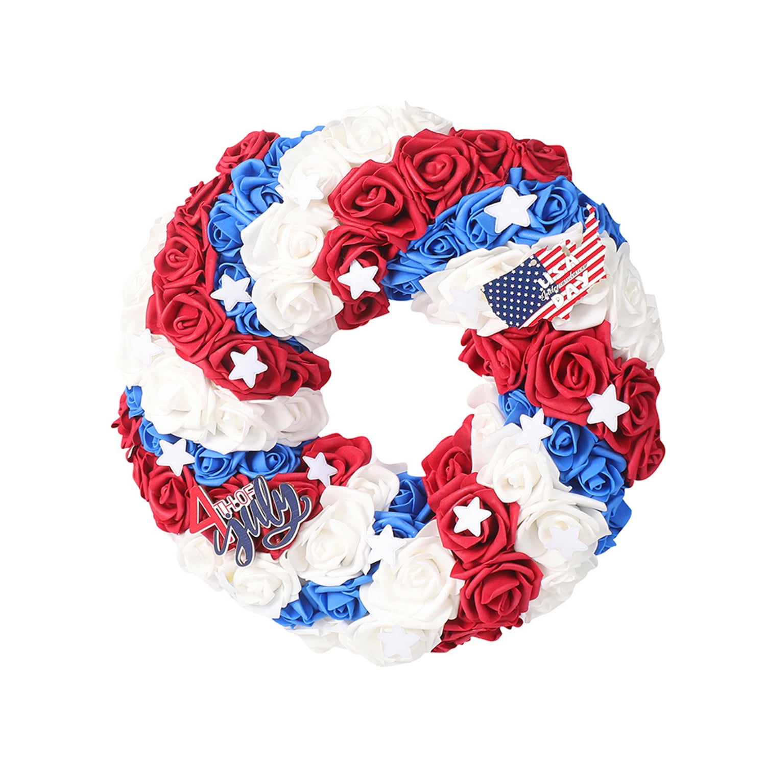 WOVTE 13.8 Inch Patriotic Roses Handcrafted Wreath, Artificial 4th of ...
