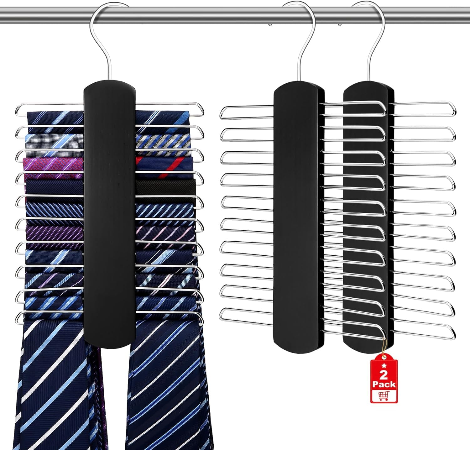 WOVTE 2 Pack Tie Rack for Closet, Wooden Necktie Organizer Storage Tie ...