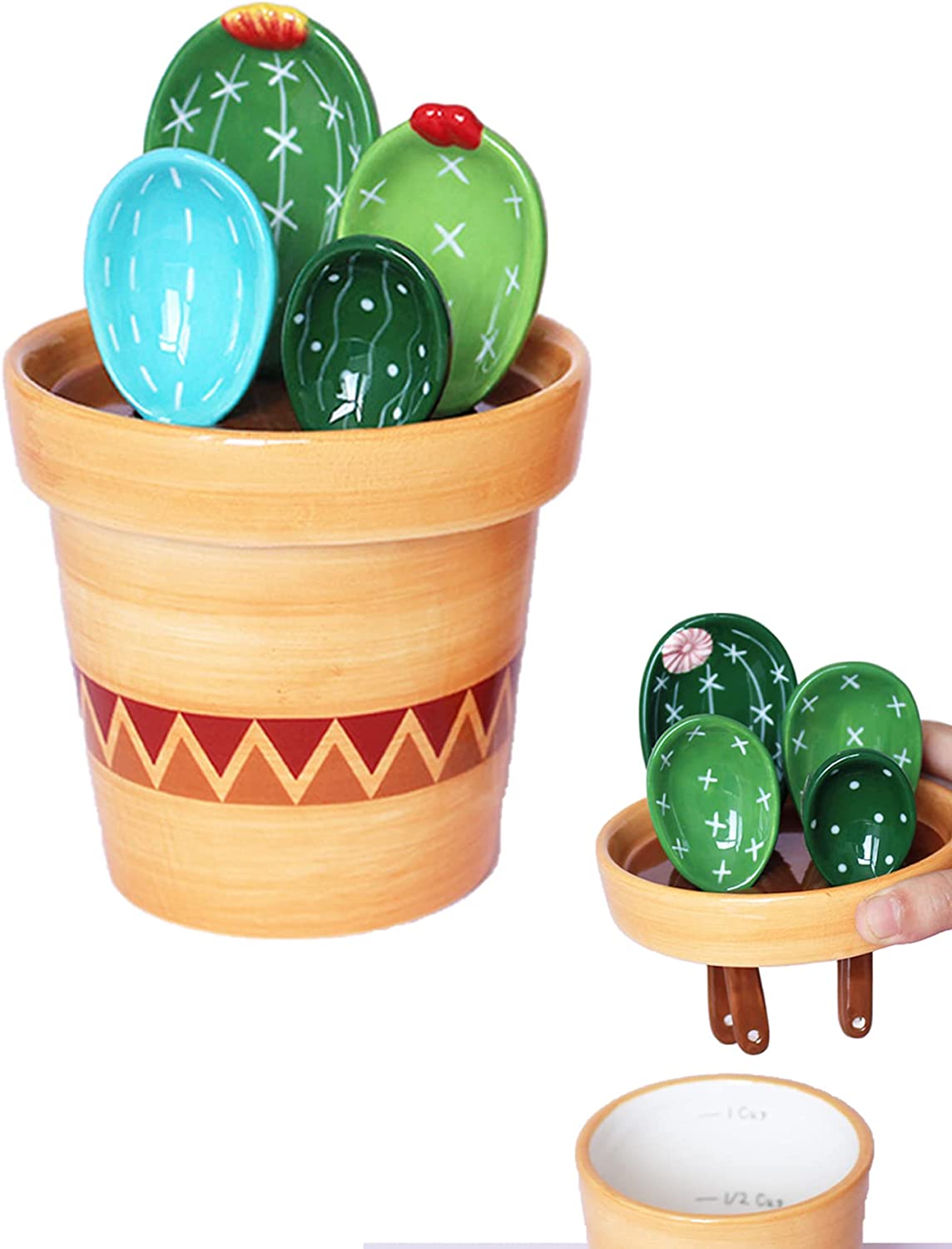 WOVTE Ceramic Cactus Measuring Cups and Spoons Set - 4 Cute Small ...