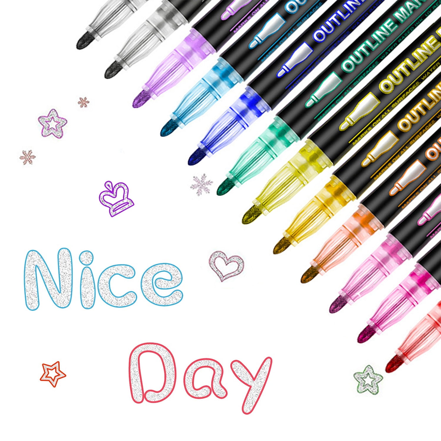 WOVTE Double Line Outline Pens, 12 Colors Metallic Markers Glitter Pens ...