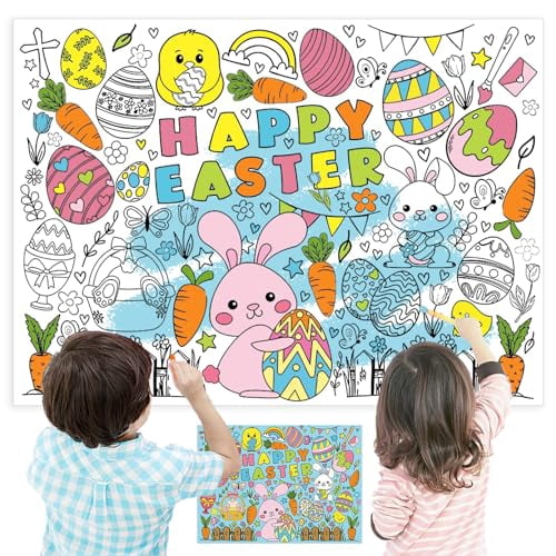 WOVTE Easter Coloring Poster for Kids, Giant Happy Easter Egg Bunny ...