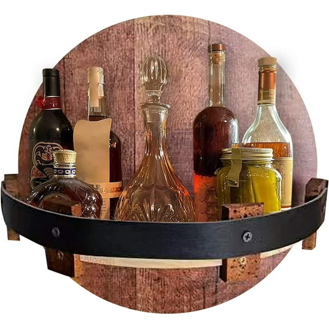 WOVTE Wooden Bourbon Whiskey Barrel Shelf, Hand Crafted Wall Mounted ...