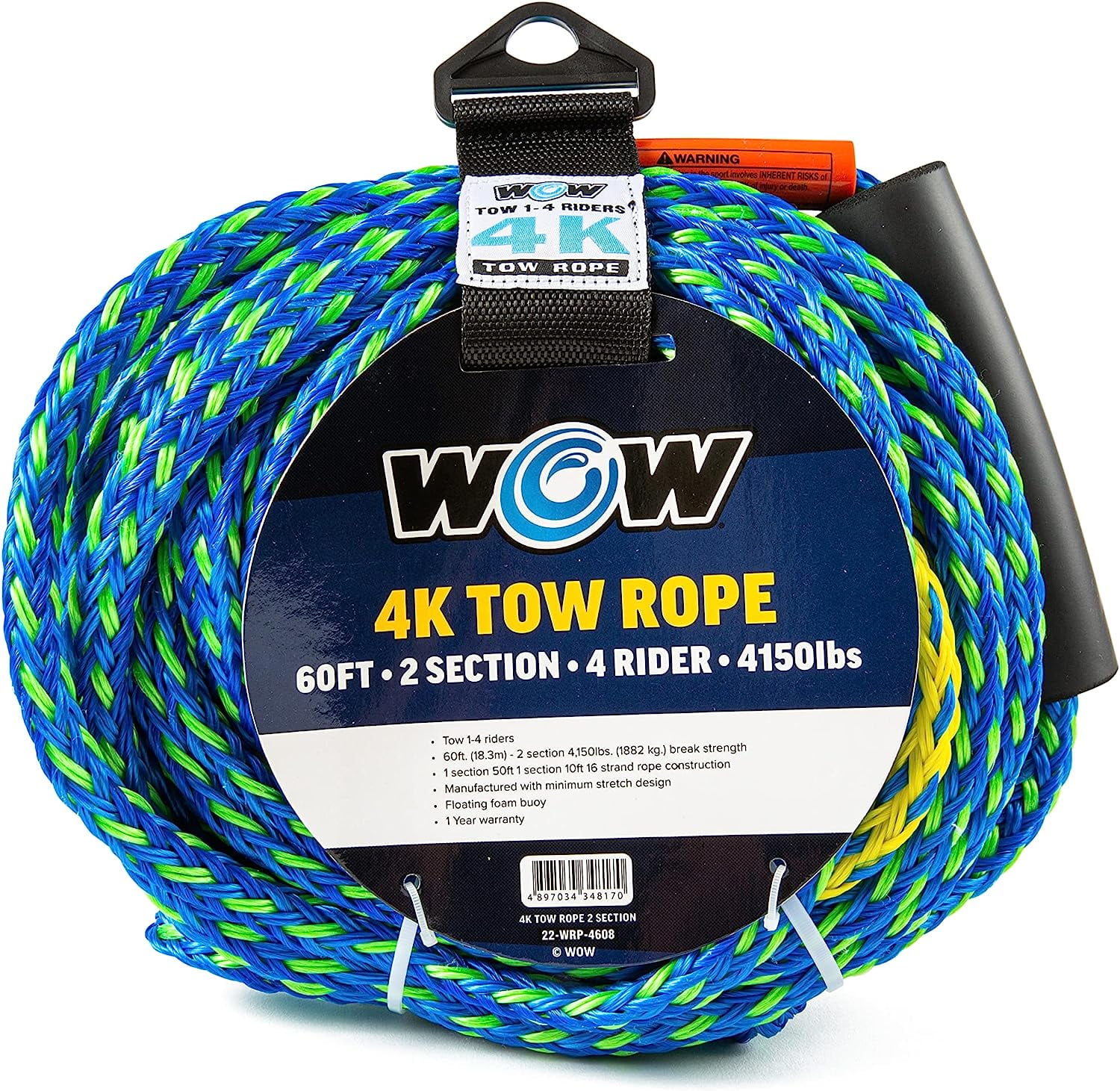 WOW Sports Towing Rope for Wakeboard, Water Ski and Wakesurf, 4-Rider 4K Tow Rope with 2 ...