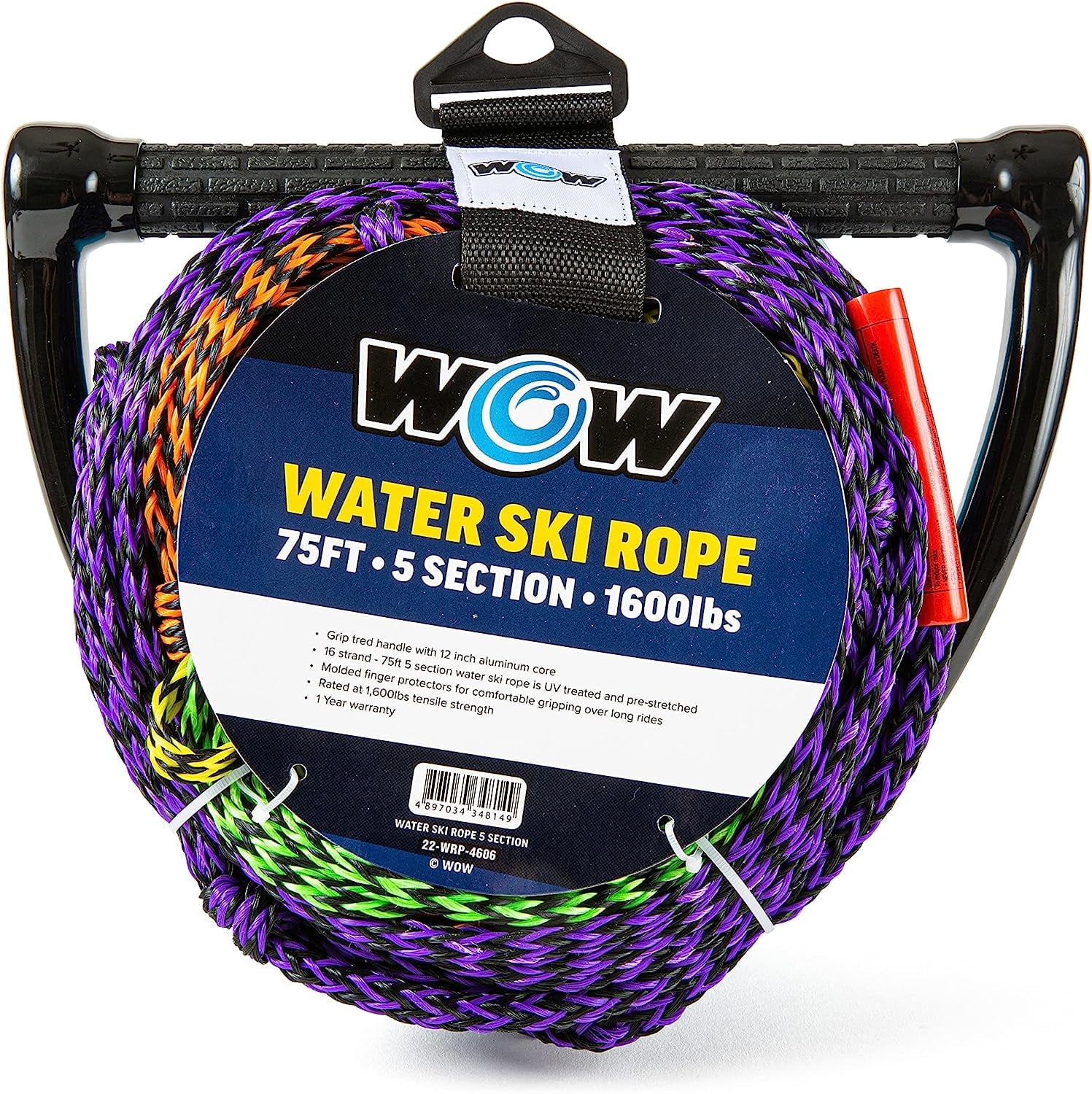 WOW Sports Towing Rope for Wakeboard and Water Ski, 5-Section Rope, 75 ...