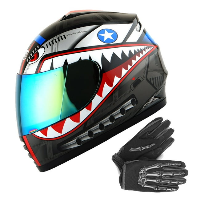 WOW Youth Motorcycle Full Face Helmet Street Bike BMX MX Kids B15 Shark Black + MX Skeleton ...