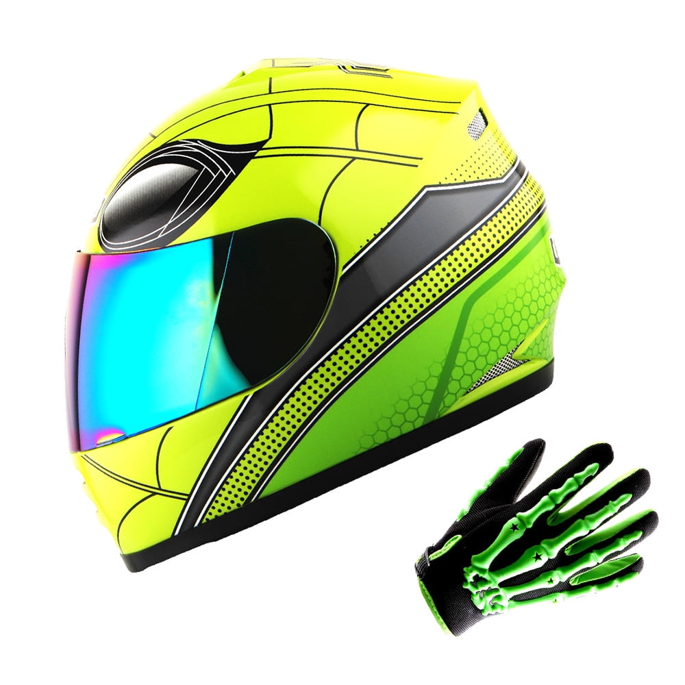 WOW Youth Motorcycle Full Face Helmet Street Bike BMX MX Kids B15 Spider Green + MX Skeleton ...