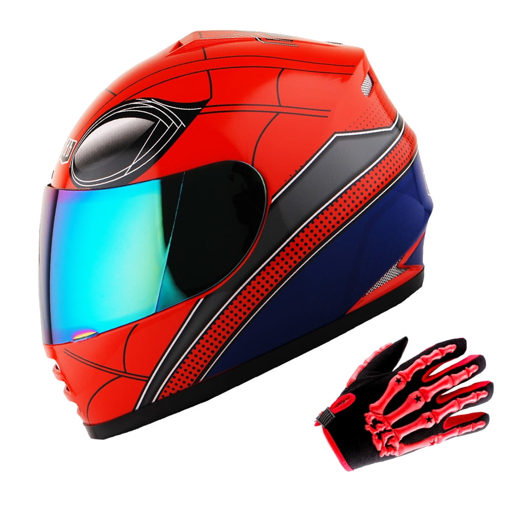 WOW Youth Motorcycle Full Face Helmet Street Bike BMX MX Kids B15 Spider Red + MX Skeleton Glove ...