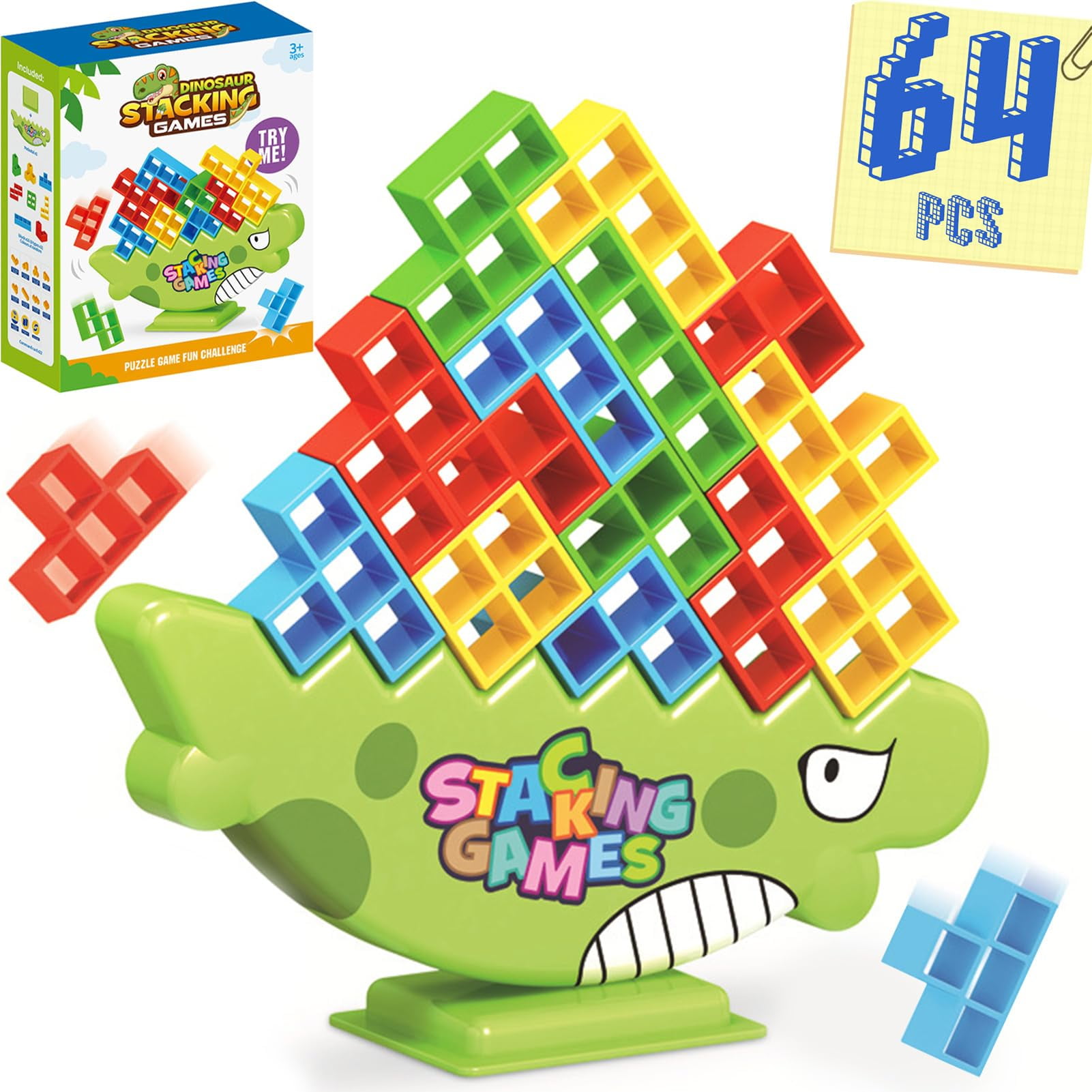 WOWNOVA Dinosaur 64PCS Stacking Tetra Tower AD01 Game for Kids Family ...
