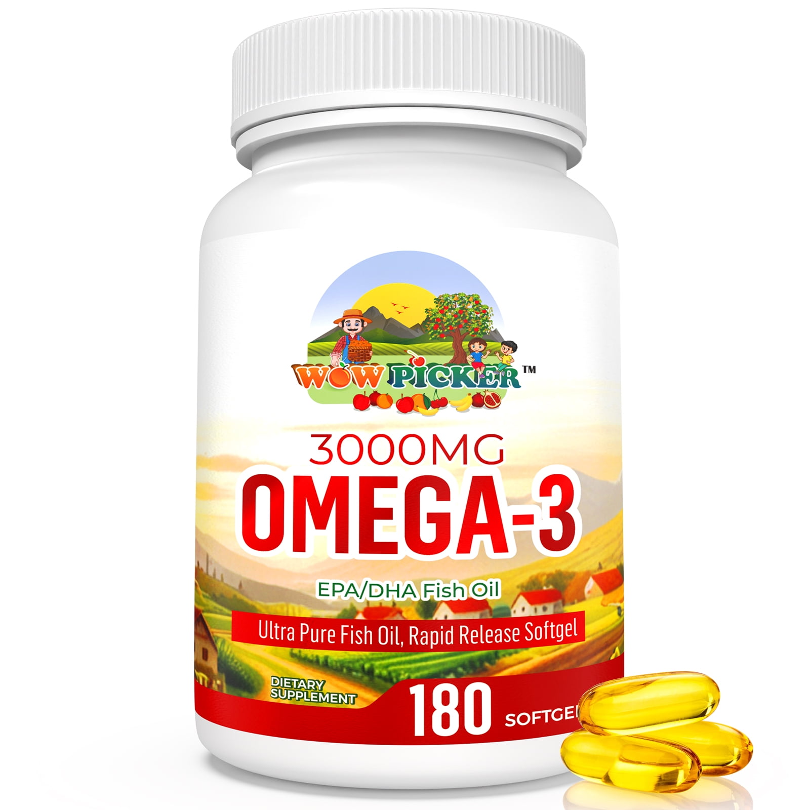 WOWPICKER Omega 3 Fish Oil 3000mg, 180 Softgels, 900 mg Omega-3 - Fish ...