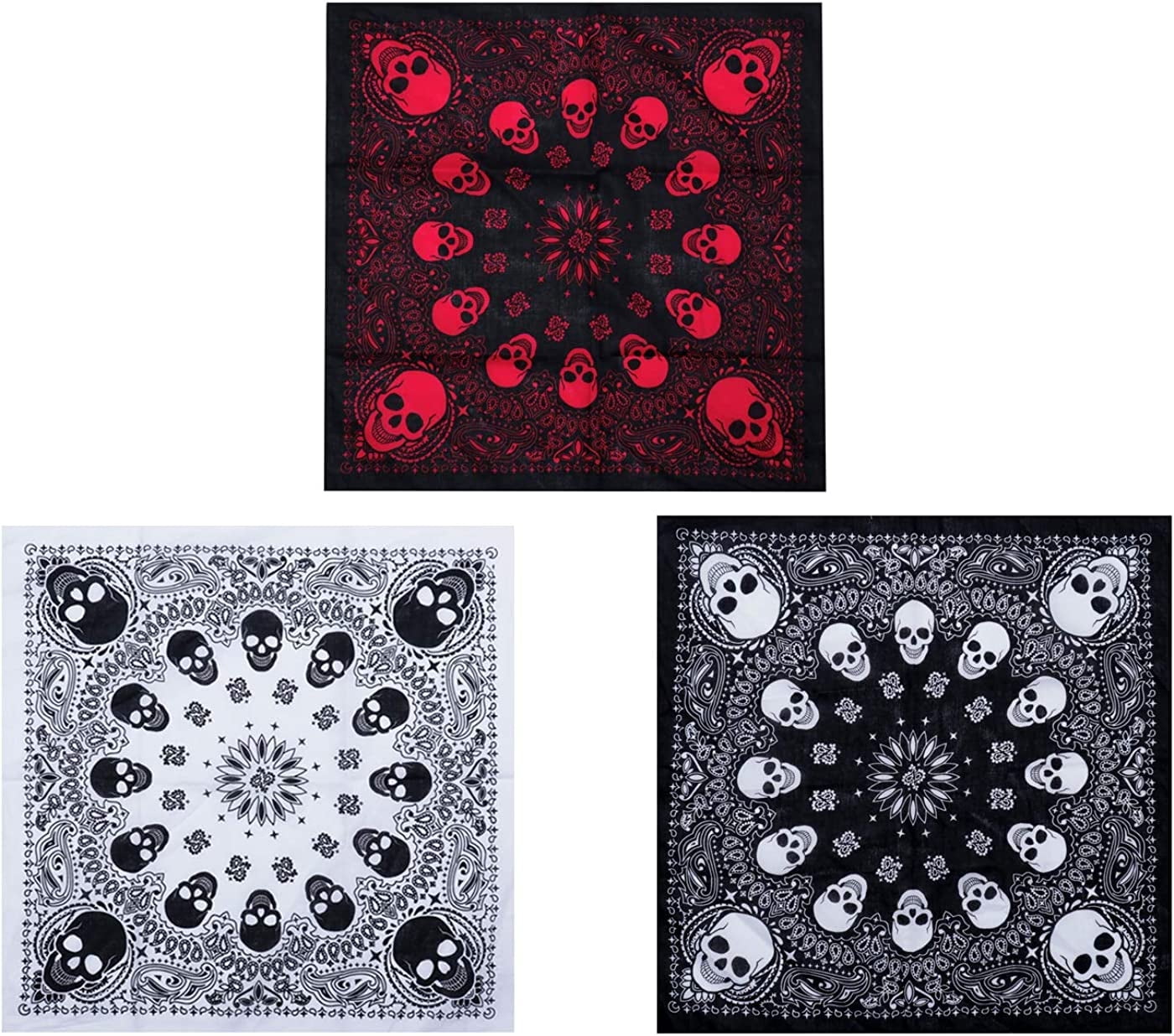 WoWstyle Skull Bandanas, 3pcs Hip Hop Scarves with Paisley Hippie Print ...