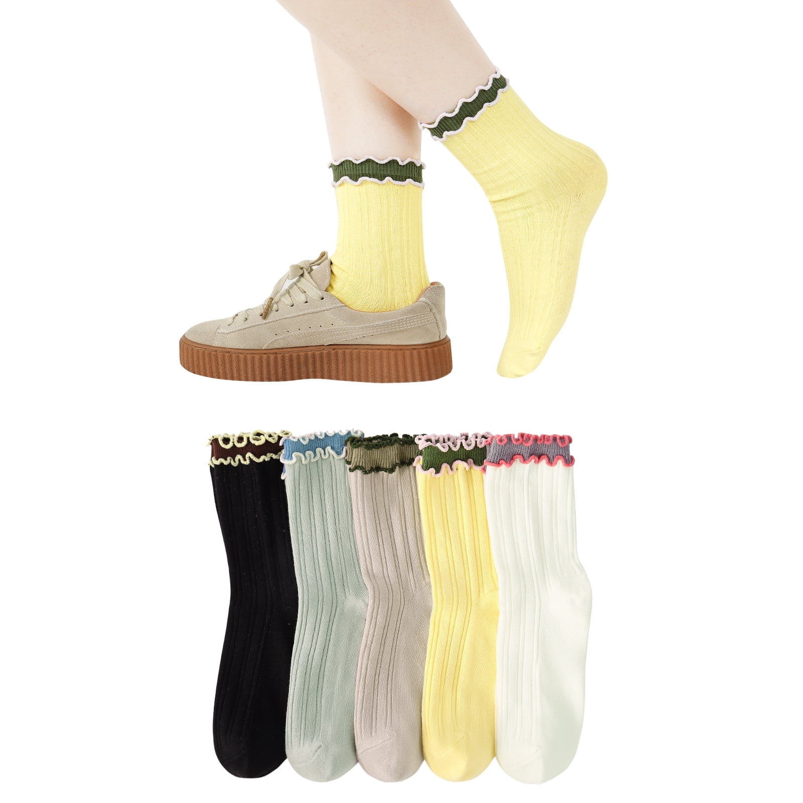 WOWSTYLE Womens Sheer Socks Ruffle Turn-Cuff Casual Ankle Socks ...