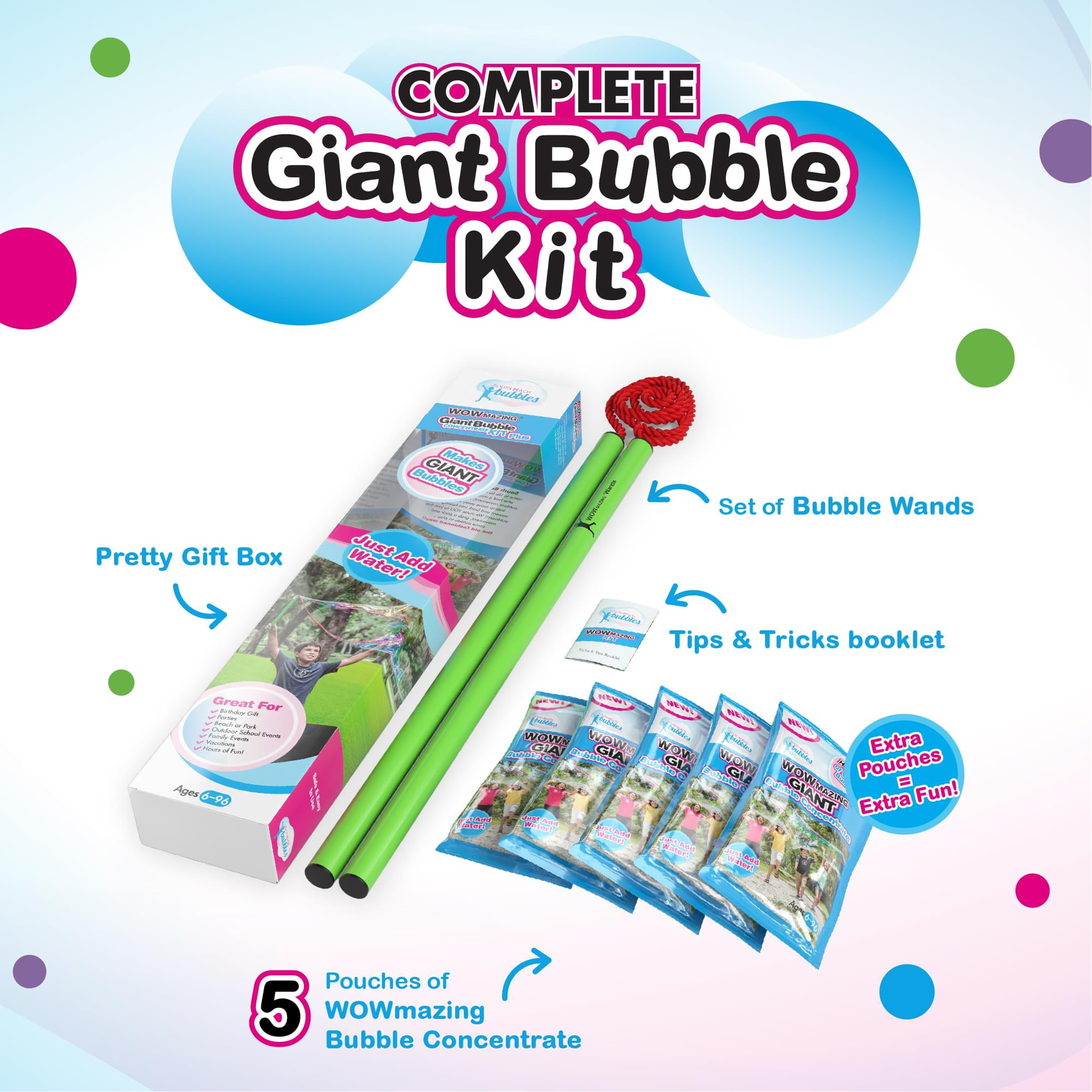 WOWmazing Giant Bubbles Kit Plus | Wand + 5 Packets Bubble Concentrate ...