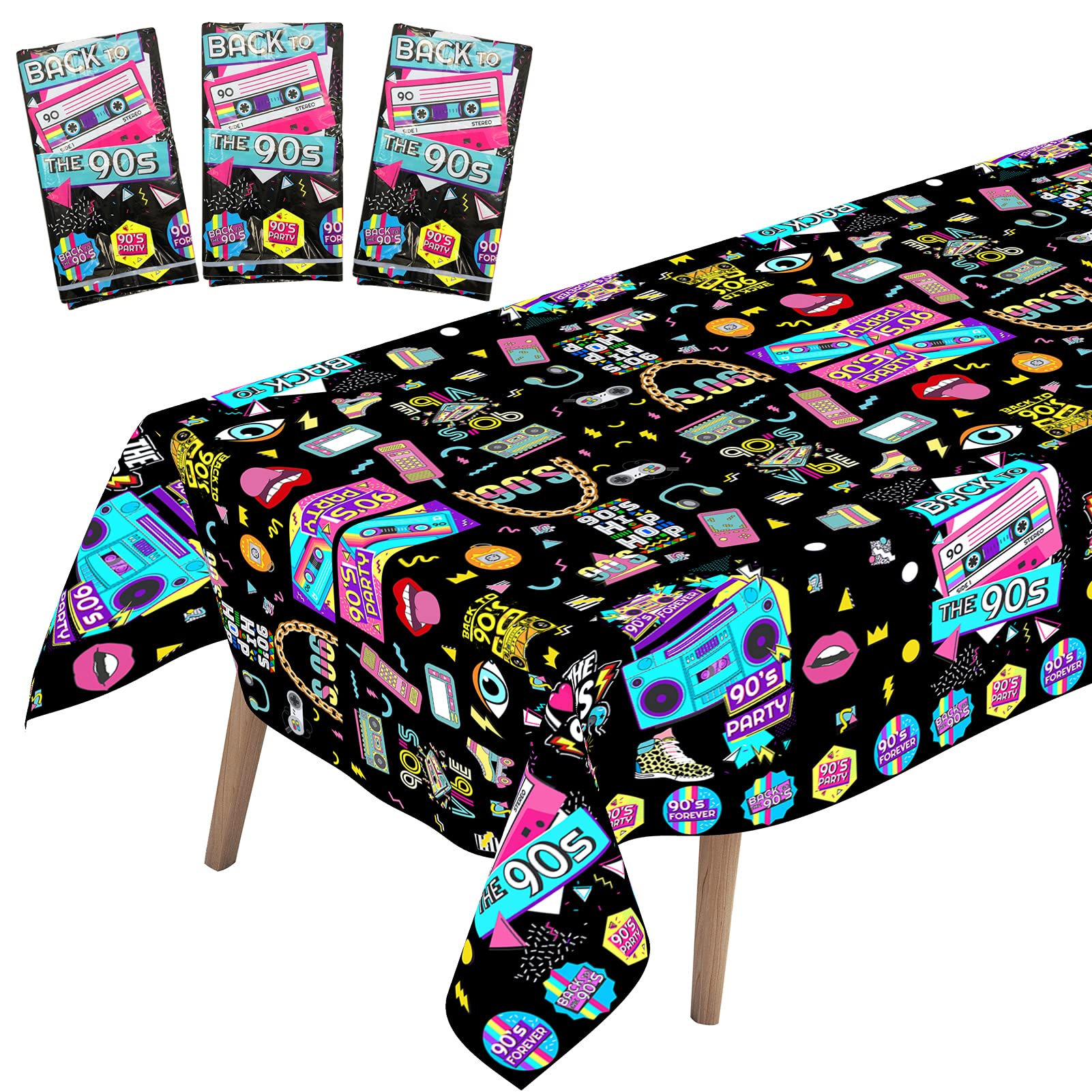 WOXIN 3 Pack 90’s Party Tablecloth, Back to 90s Hip Hop Party Birthday Table Cover for 1990s ...