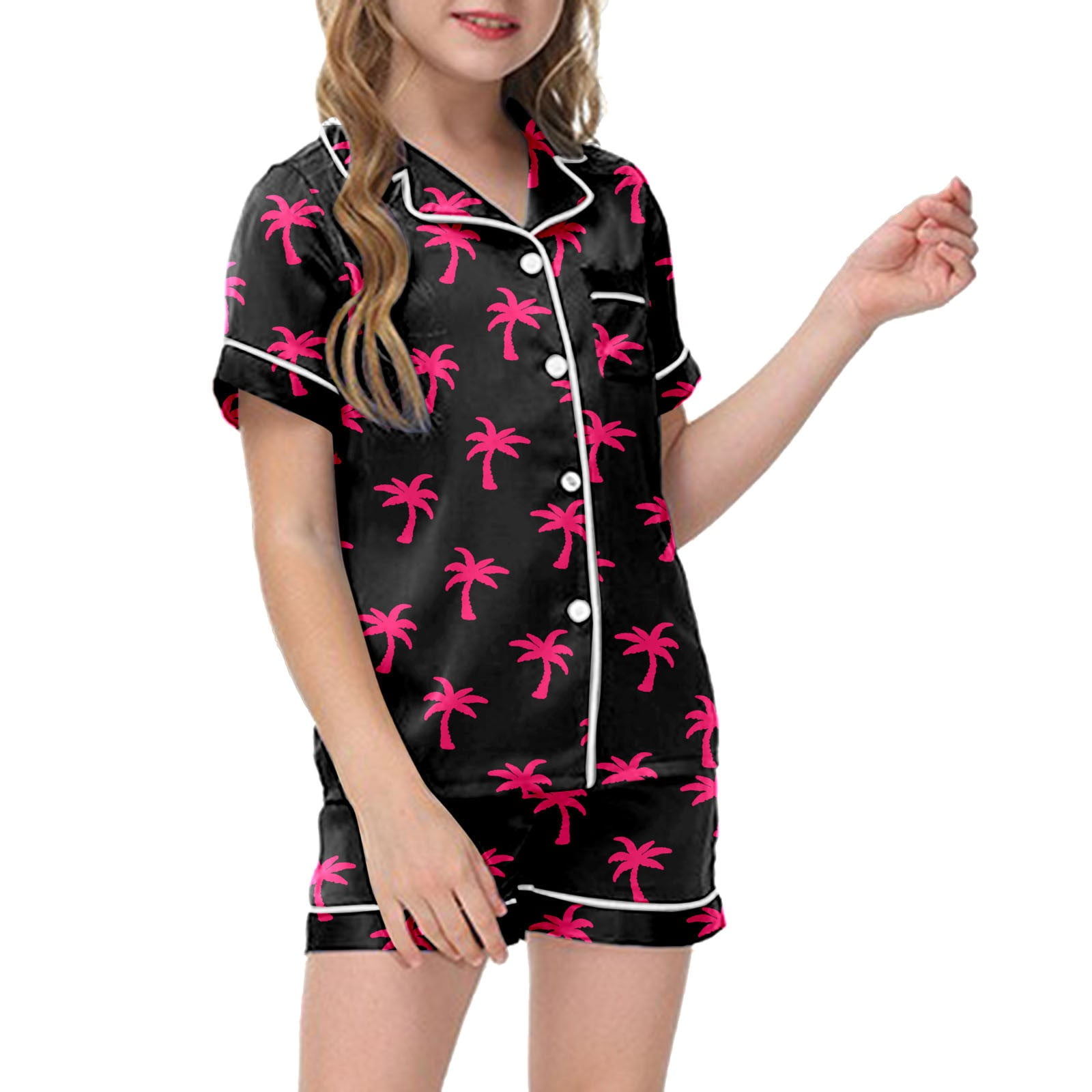 WOYY 2 Piece Pajamas for Girls Coconut Tree Prints Short Sleeved Shirt ...