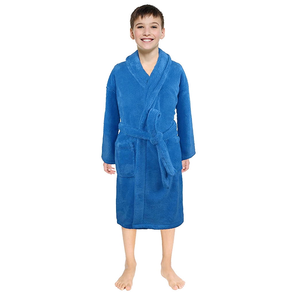 Hiijoy Big Boys Flannel Bathrobe Solid Color Sleepwear Night-Robe Warm ...